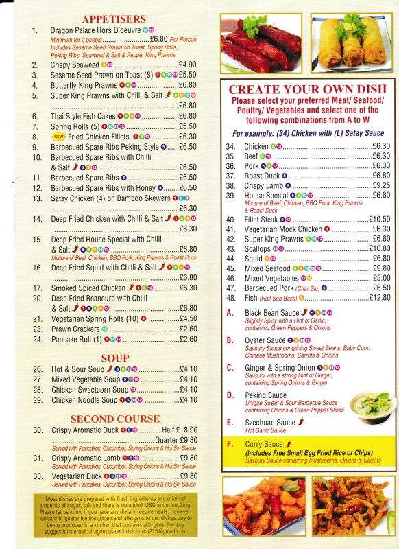 MENU | Dragon Palace Restaurant - Christchurch